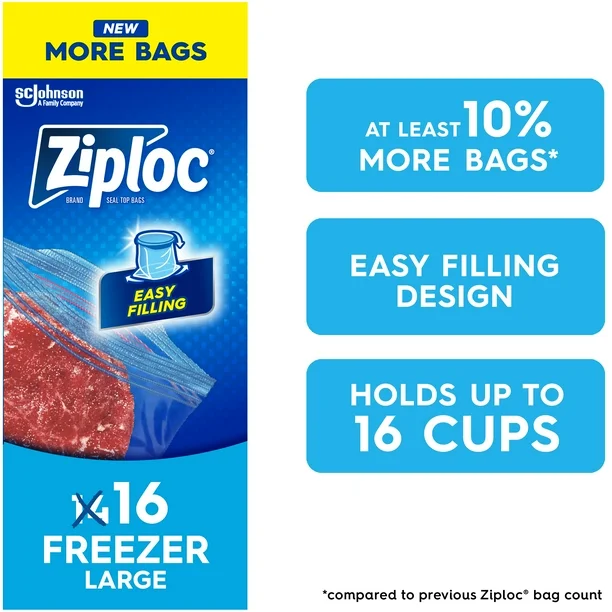Ziploc® Freezer Bags with Stay Open Technology, Large, 16 Bags – CNP ...